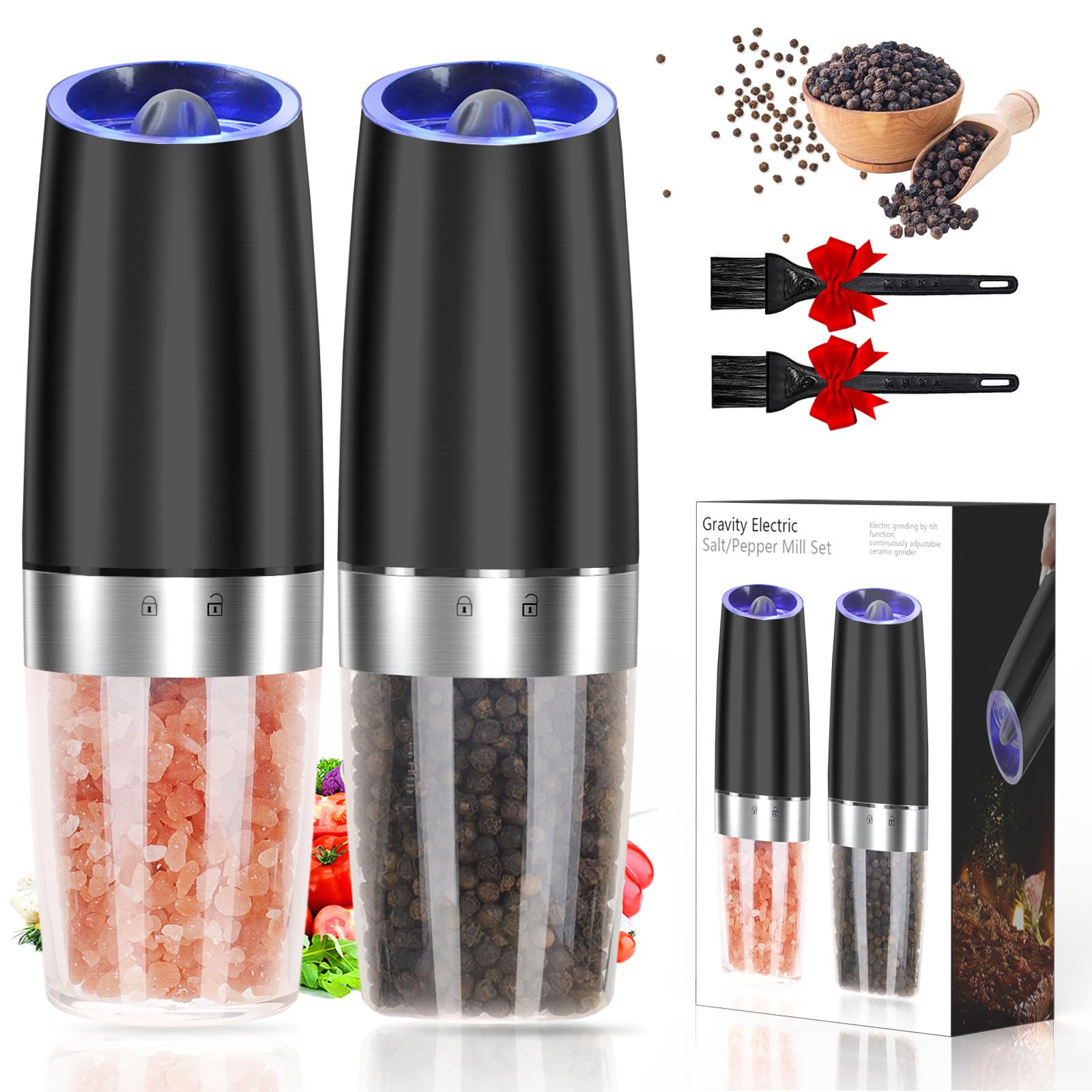 Gravity Electric Pepper and Salt Grinder Set, Adjustable Coarseness, Automatic Shakers Mill Grinder with LED Light, Battery Powered, Upgraded Larger Capacity, One Hand Operated (Black 2 Pack)