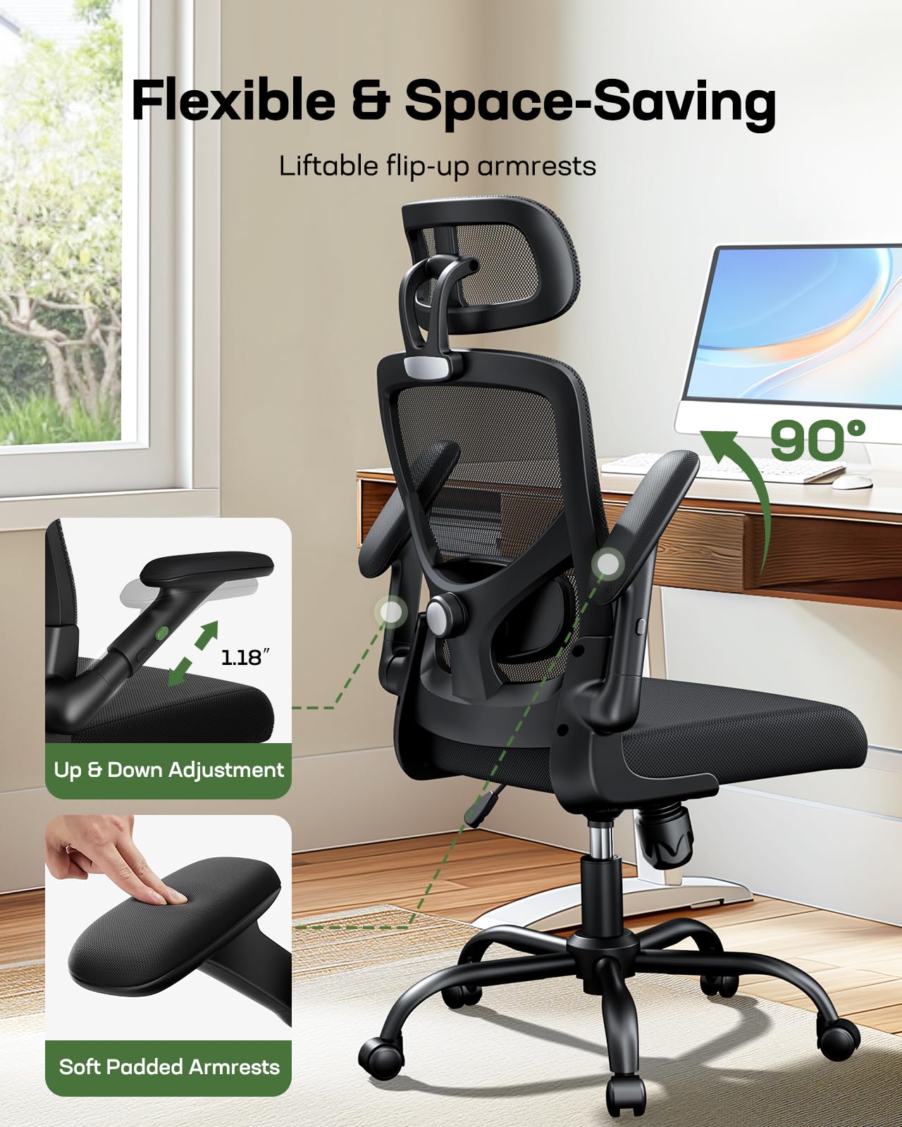 Marsail Ergonomic Mesh Office Chair High Back Desk Chair Adjustable Lumbar Support with Headrest Flip-Up Liftable Arms Swivel Computer Task Chair for Big and Tall People