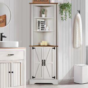 4 ever winner tall corner cabinet, corner storage cabinet with shelf and barn door, 5-tier corner cabinet with doors for small space, bathroom, living room, hallway, white