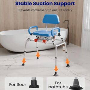 VOCIC Sliding Shower Chair, Swivel Tub Transfer Bench, Adjustable Height Shower Bench for Elderly, Bath Bench with Armrests & Swivel Padded Seat