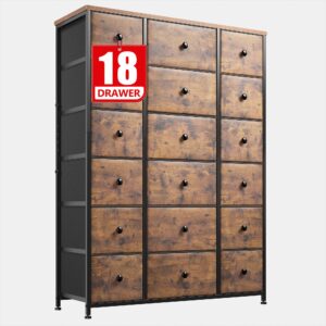 enhomee 57.7" dresser,tall dressers for bedroom with 18 drawers，dressers & chests of drawers， fabric dresser with wooden top & metal frame,living room, closet,hallway,rustic brown