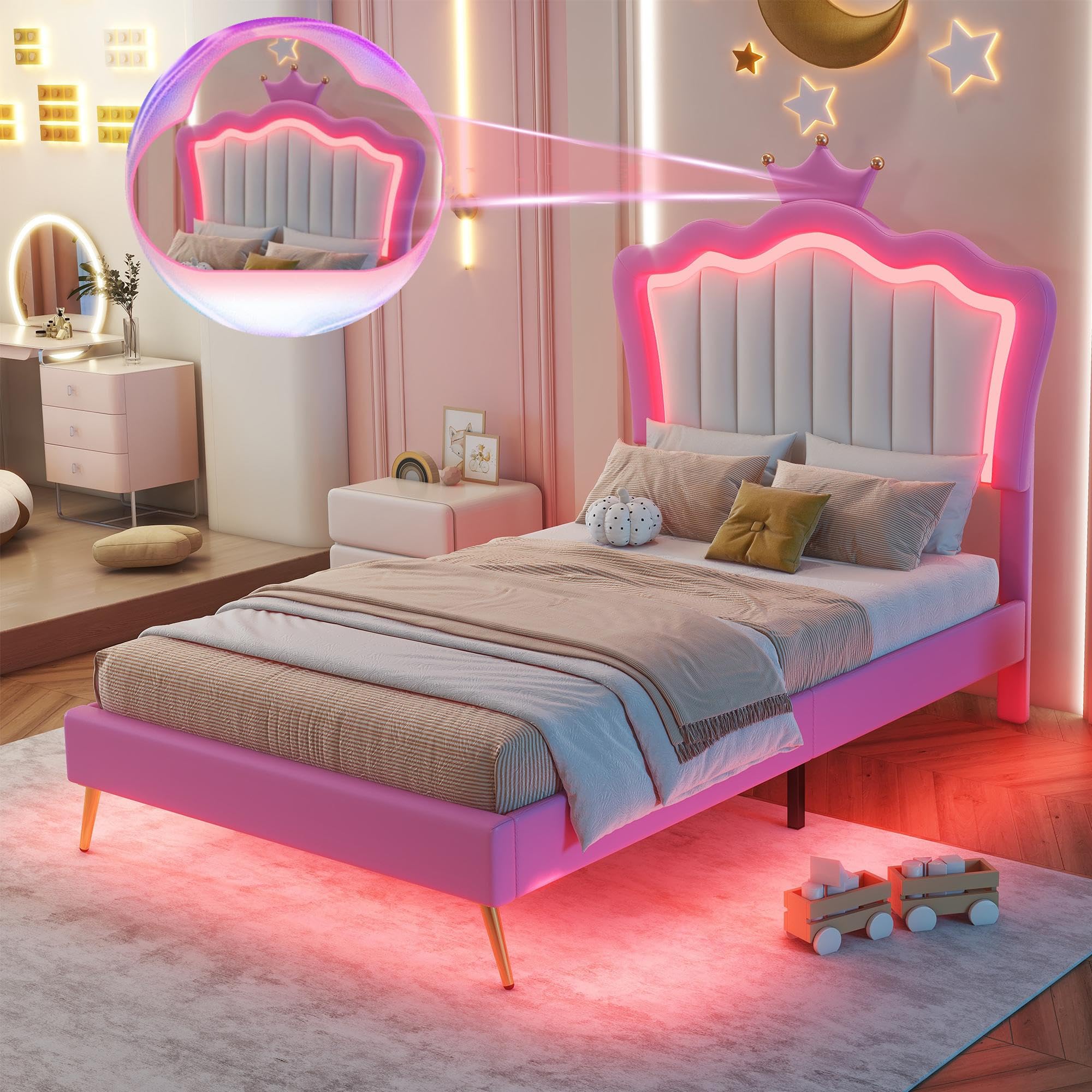 Linique Twin Size Upholstered Bed Frame with LED Lights, Modern Upholstered Princess Bed with Crown Headboard, Pink+White