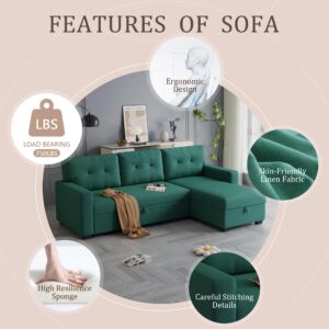 Acosure 82" Sectional Small Sofa with Pull Out Bed,L-Shape Upholstered Sleeper Couch W/Storage Chaise,Tufted Backrest Design,3 Seat Linen Convertible Sofas for Living Room Apartment Office,Green