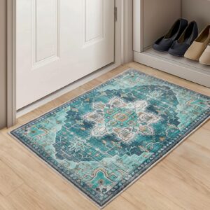 puremy 2x3 entryway rug washable door mat vintage boho entrance area rug, non slip low pile floral print carpet for kitchen bedroom living room home decor, teal