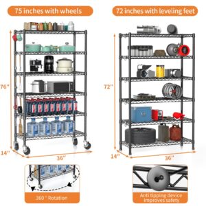 Hodonas 2300LBS Wire Shelving Unit, 36"W x 14"D x 75"H Metal Standing Shelf Units with Wheels / Leveling Feet, 6 Tier, Adjustable, Heavy Duty, and NSF Storage Shelves, Rolling Metal Shelving Wire Rack