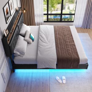 DICTAC Floating King Bed Frame with Led Lights and Storage Headboard King Size LED Bed with Charging Ports Visual Floating Platform Bed with Wood Slats,Faux Leather,No Box Spring Needed,Black