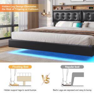 DICTAC Floating King Bed Frame with Led Lights and Storage Headboard King Size LED Bed with Charging Ports Visual Floating Platform Bed with Wood Slats,Faux Leather,No Box Spring Needed,Black