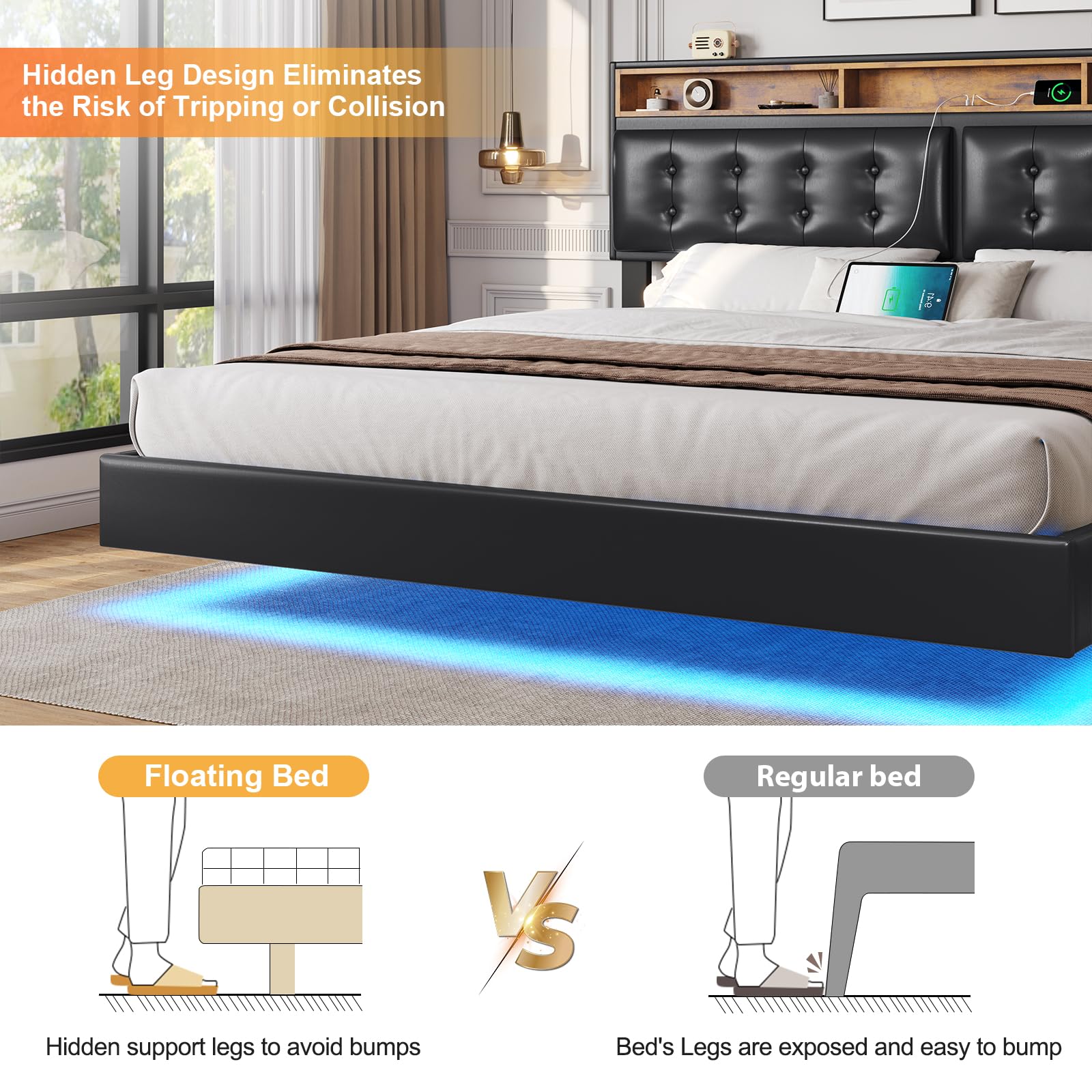 DICTAC Floating King Bed Frame with Led Lights and Storage Headboard King Size LED Bed with Charging Ports Visual Floating Platform Bed with Wood Slats,Faux Leather,No Box Spring Needed,Black