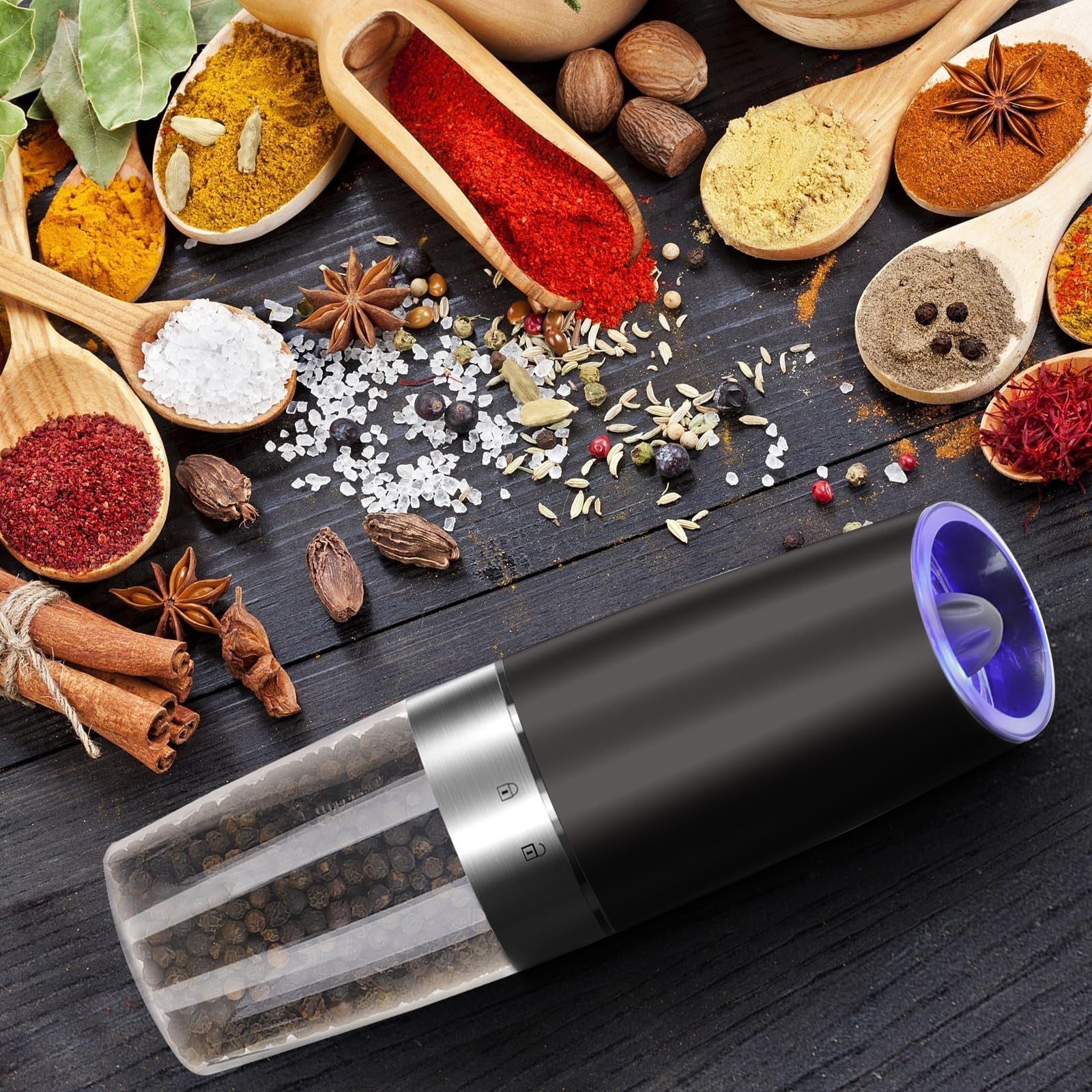 Gravity Electric Pepper and Salt Grinder Set, Adjustable Coarseness, Automatic Shakers Mill Grinder with LED Light, Battery Powered, Upgraded Larger Capacity, One Hand Operated (Black 2 Pack)