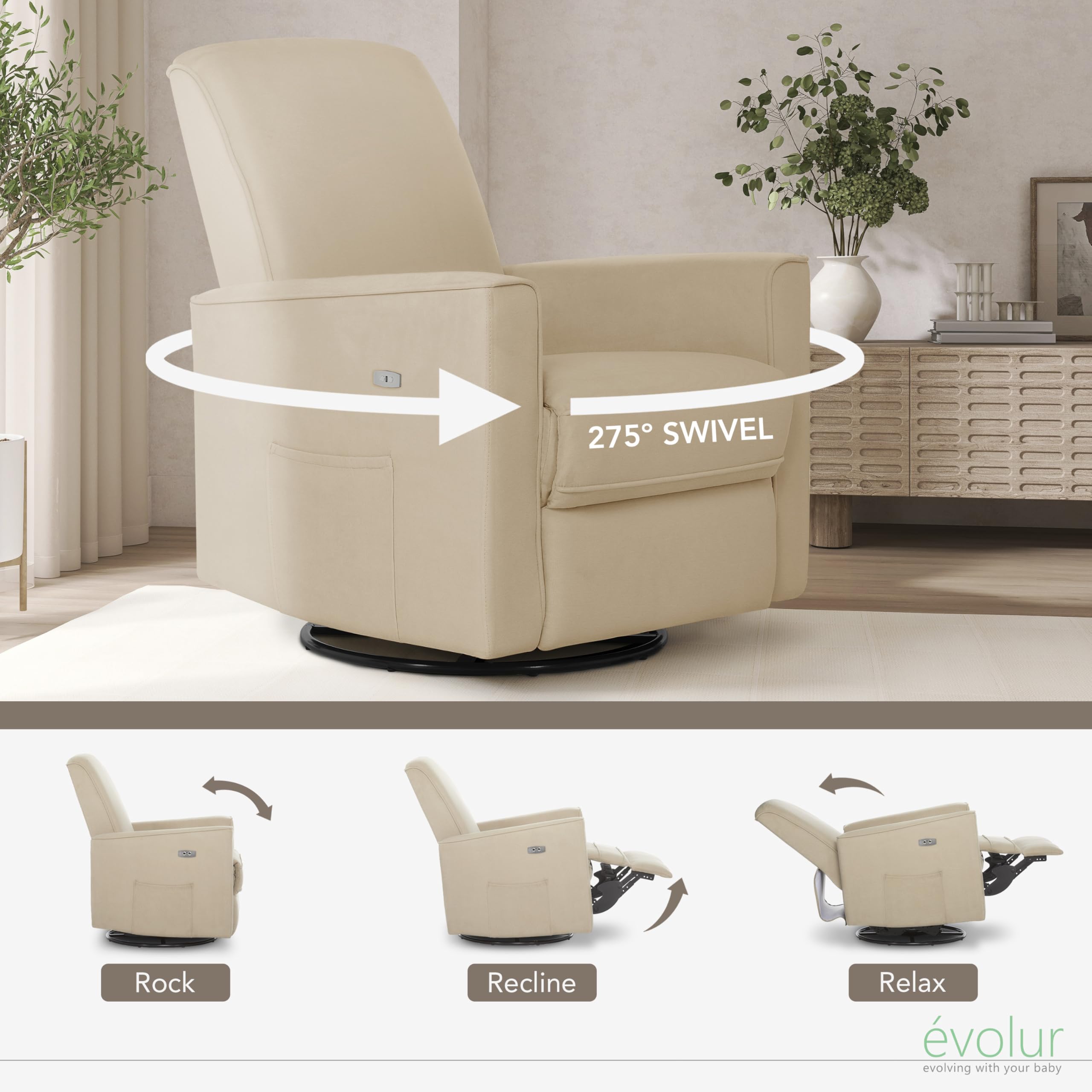 Evolur Harlow Deluxe Upholstered Plush Seating Glider Swivel, Power Recliner with USB Port, Greenguard Gold Certified, Glider Chair for Nursery in Tan