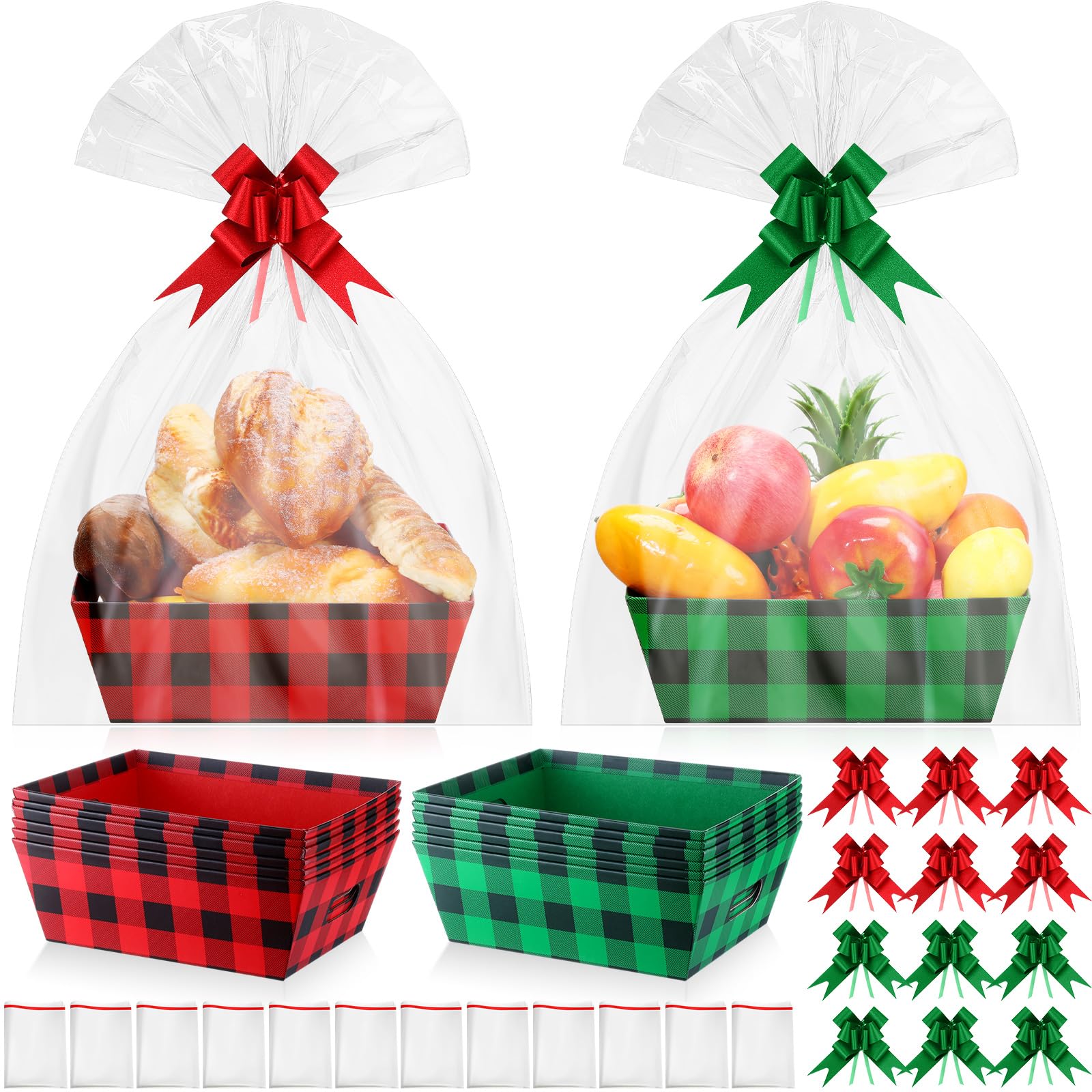 Wonderjune 12 Pack Christmas Gifts Empty Basket Kit 9.8 x 8.3'' Red Green Plaid Cardboard Basket to Fill Bulk with Handle Shrink Wrap Bags, Pull Bows, Raffle Gift for Xmas Decor