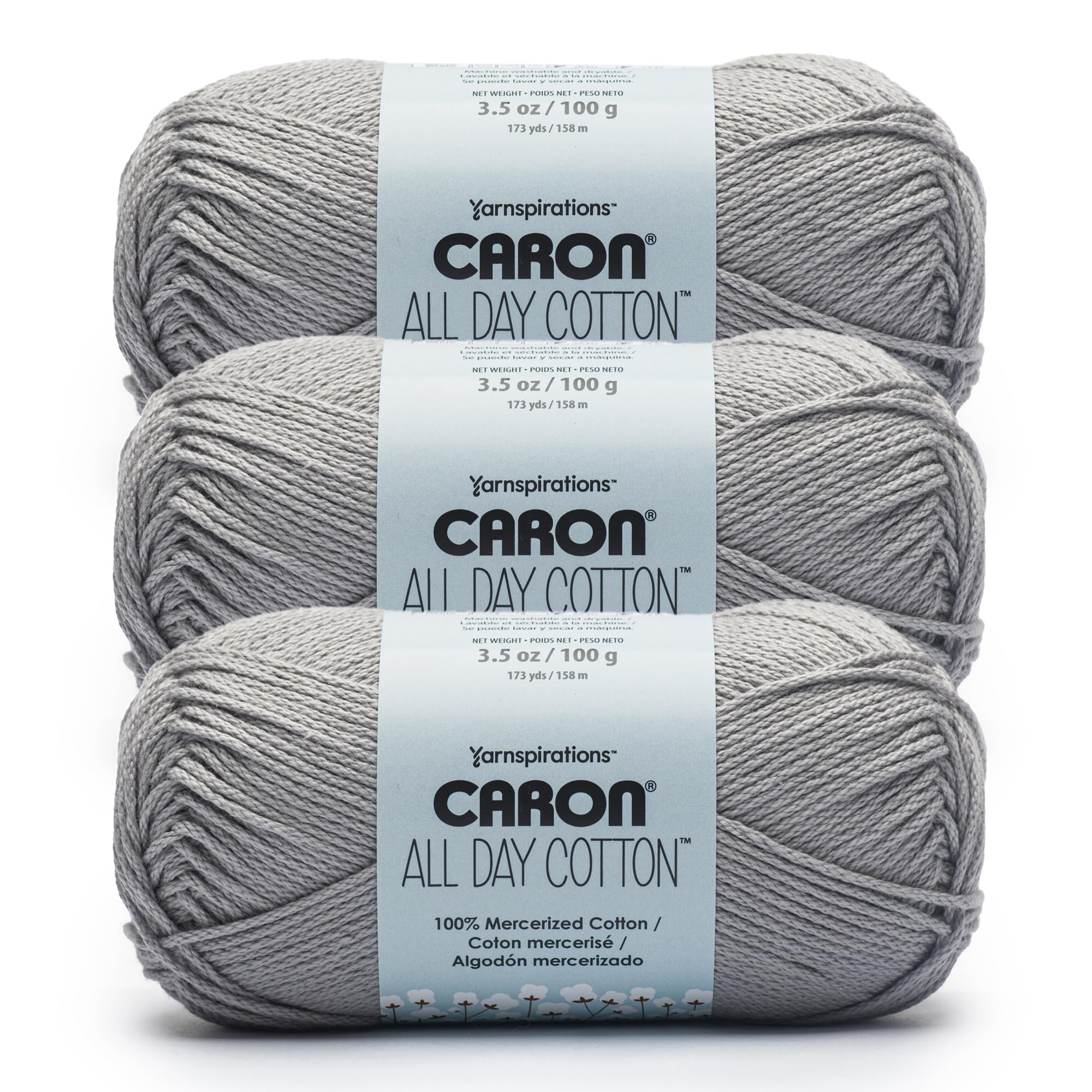 Caron All Day Cotton - 3 Pack of 173 Yards/3.52 oz Light Gray 100% Mercerized Cotton Yarn