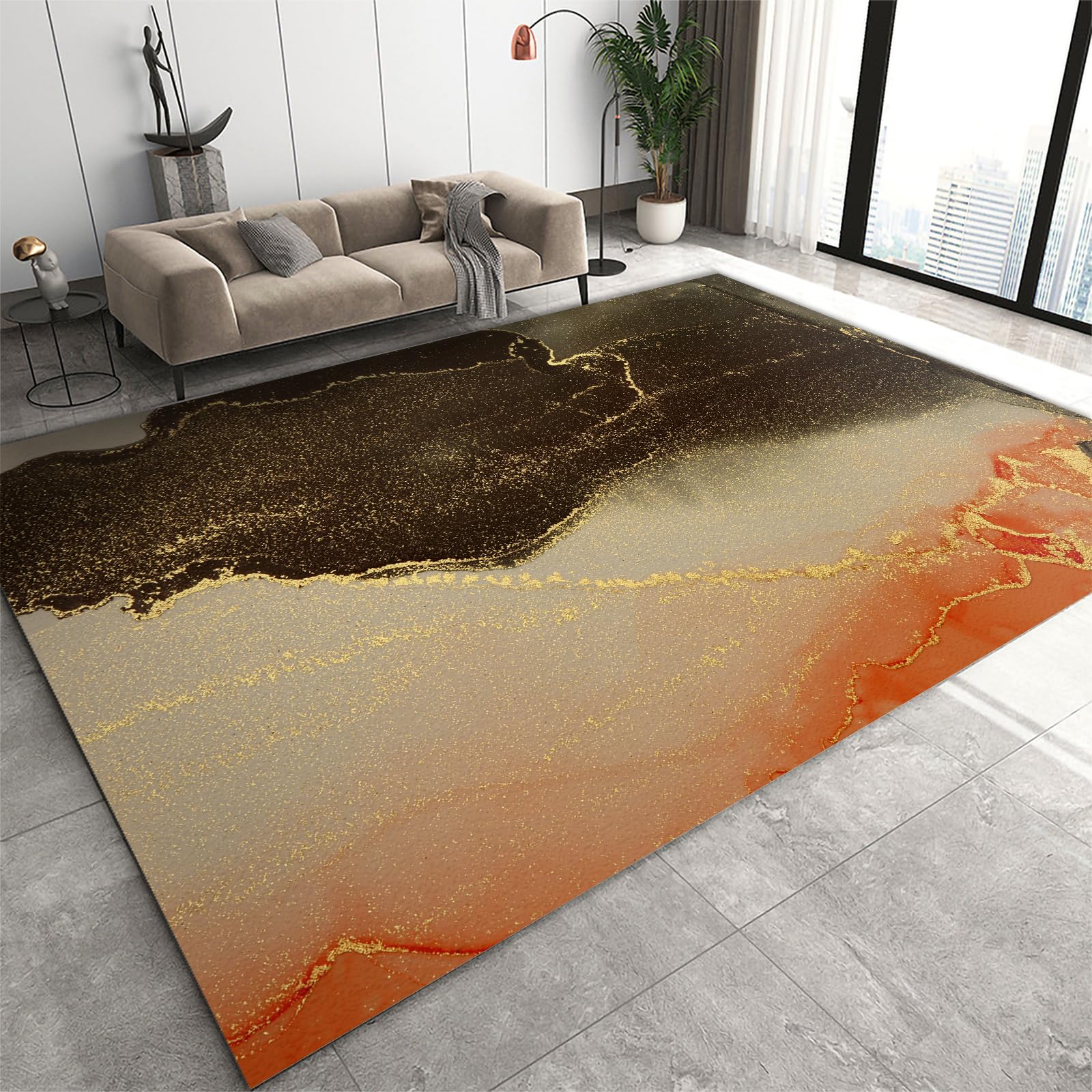 LACEABI Orange Brown Marble Area Rug, Gold Powder Texture Indoor Non Slip Living Room Rug, Low Pile Foldable Home Decor Carpet for Bedroom Dining Room Farmhouse Floor Mat - 2 ft x 3 ft