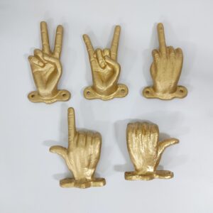 ayzcorp set of 5 hand gesture decorative wall hooks, 4 inches high-peace sign-rock on-fun finger-thumbs up & pointing finger gestures. unique stylish key or towel hangers (gold)