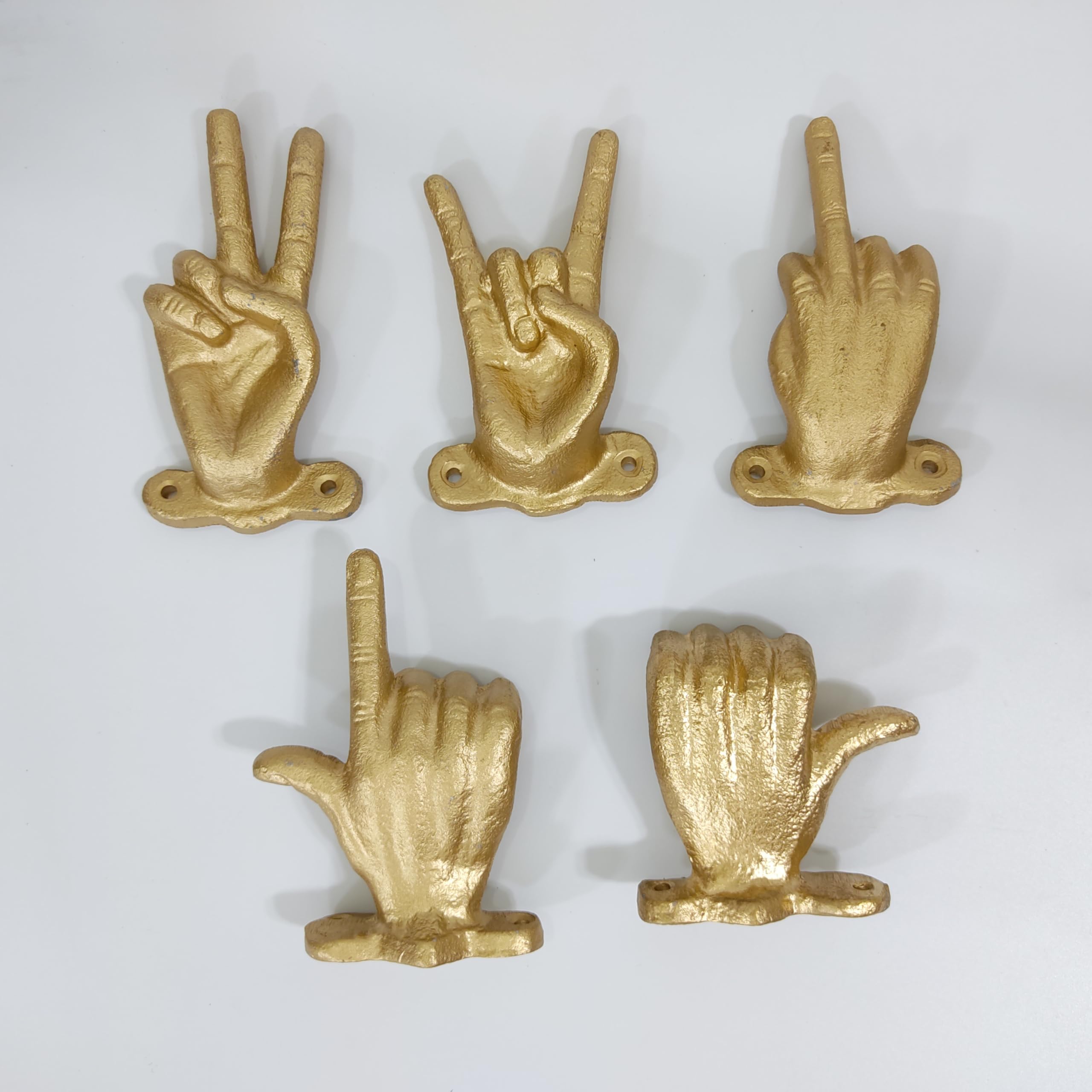 AYZCORP Set of 5 Hand Gesture Decorative Wall Hooks, 4 Inches High-Peace Sign-Rock On-Fun Finger-Thumbs up & Pointing Finger Gestures. Unique Stylish Key or Towel Hangers (Gold)