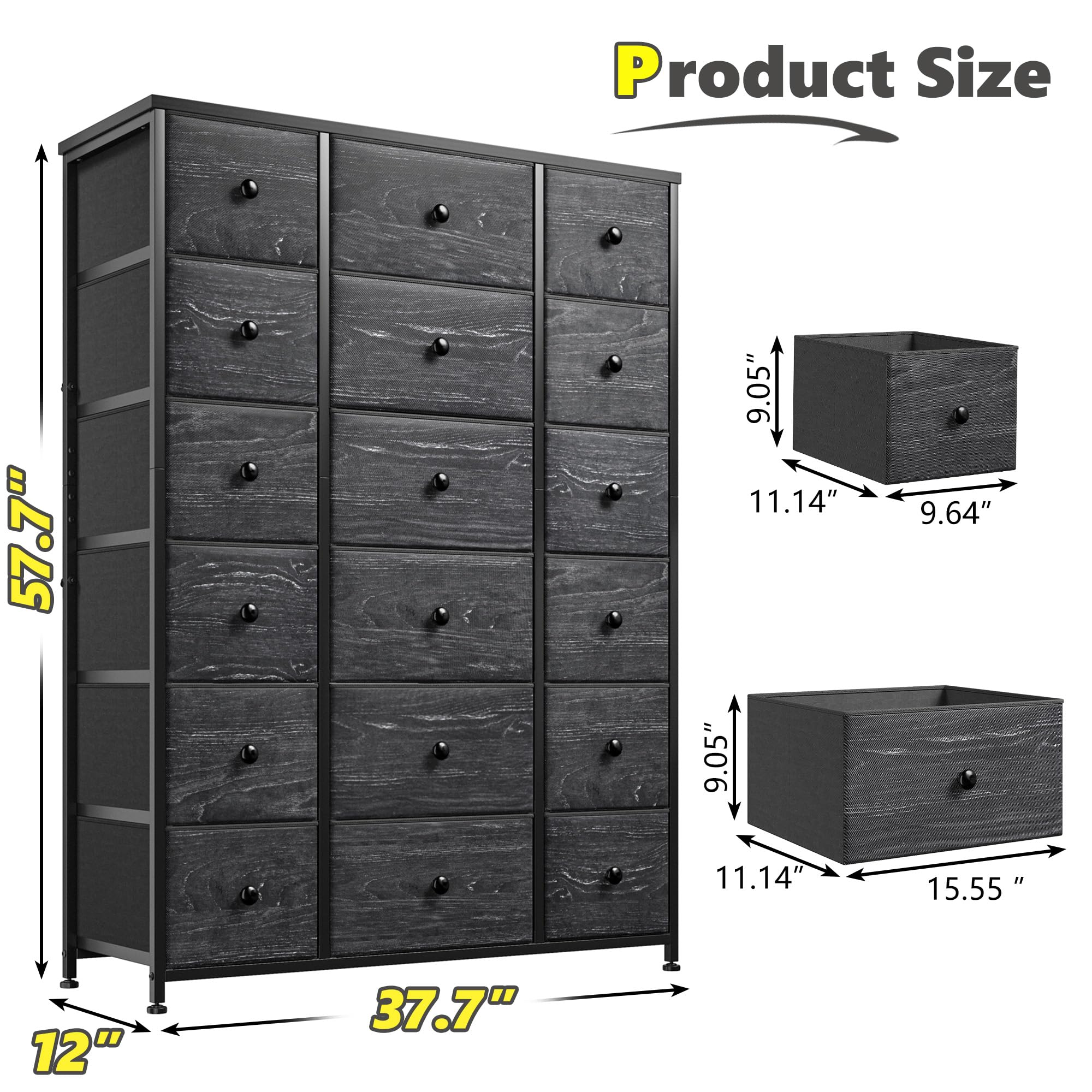 EnHomee Tall Dresser,Dressers for Bedroom with 18 Drawers,Dressers & Chests of Drawers Fabric Dresser with Wooden Top & Metal Frame,Living Room,Closet,Hallway, Black Wood Grain,57.7" H*37.8" W*12" D