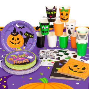 decorlife 131 pcs halloween party supplies, dinnerware set includes halloween plates and napkins tablecloth cups diy stickers - pumpkin ghost halloween birthday party decorations for kids, serve 24