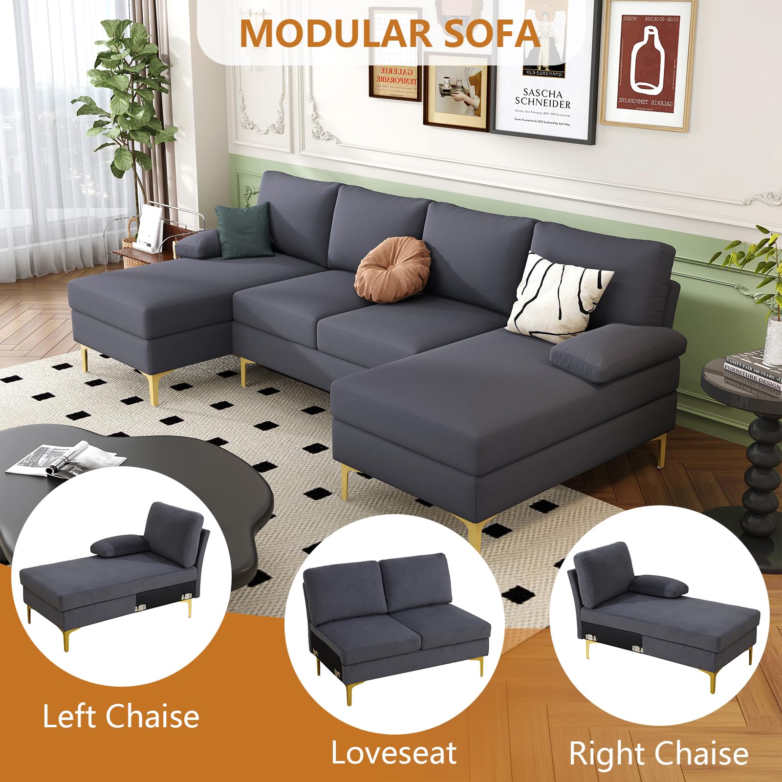 Lakifun Modular Sectional Sofa Couch for Living Room, U Shaped Convertible Lounge Sofa with Loveseat & Double Chaise, 4 Seater Comfy Fabric Couch Set for Home Office (Gray)