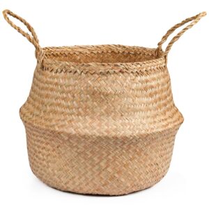 vilssovy seagrass plant basket, wicker woven laundry basket, basket planter for plants indoor, large wicker plant baskets, seagrass baskets for plants(13.78" diameter x 12.6" height)