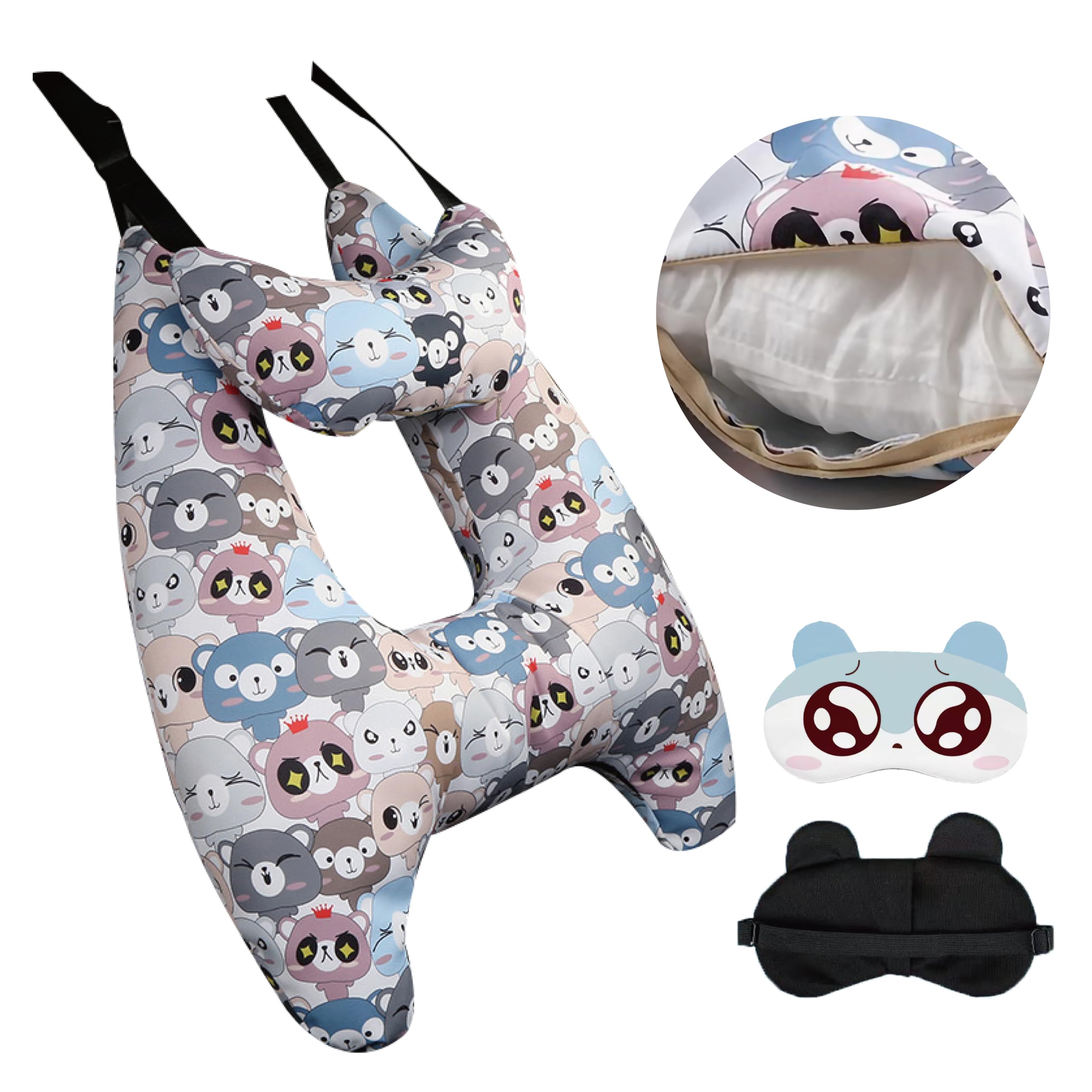 Cute Cartoon Travel Pillow Suit, Kids & Adults Car Neck Head Support Cushion Set,Travel car seat Safety Pillow,h Shape car Sleeping Pillow Kids,Pillow case can be Disassembled and Washed (A)