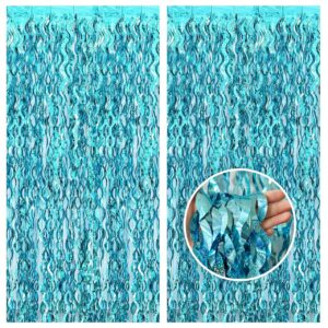 2 pack wavy blue foil fringe curtain blue backdrop tinsel streamers ocean themed birthday party deco beach/under the sea/pool party decoration graduation baby shower bachelorette winter party supplies