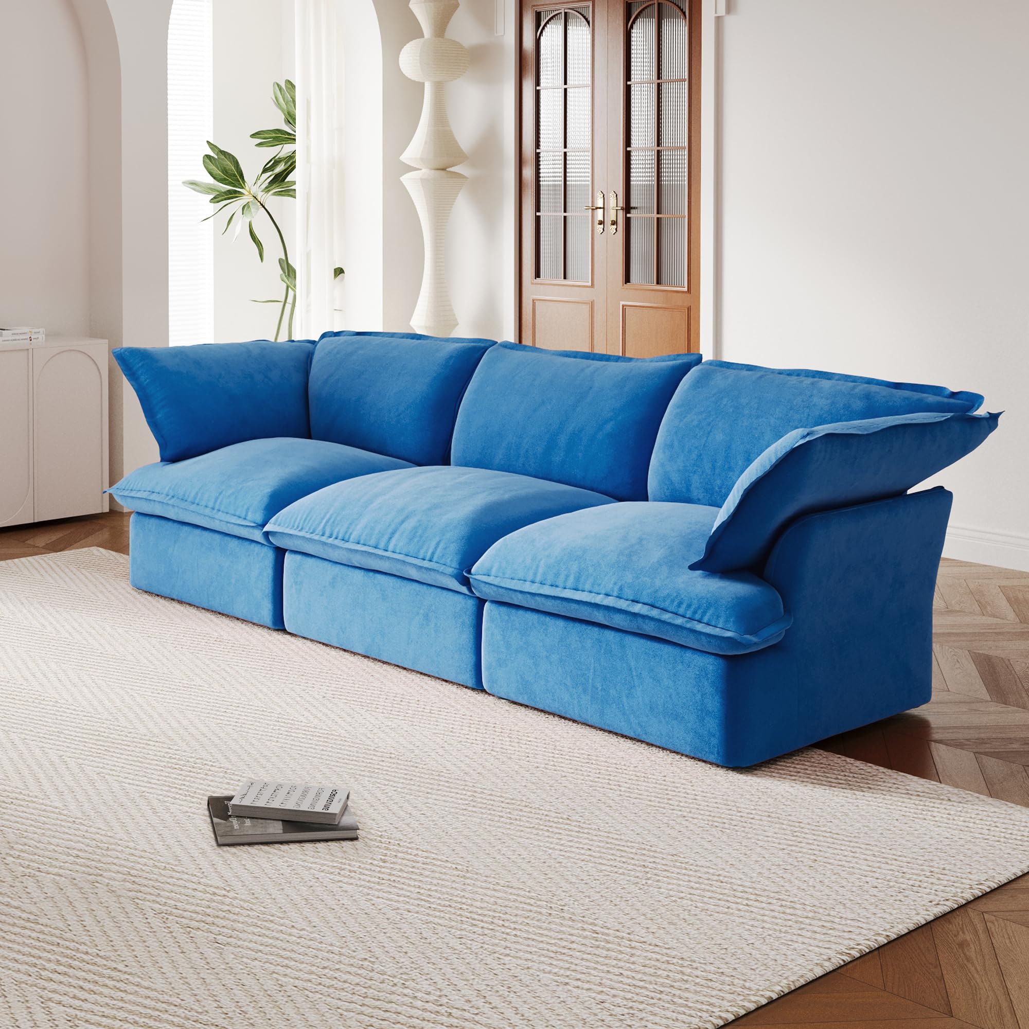 Sdorens Modular Sectional Sofa Couch, 122.82" Velvet 3 Seater Sofa, Minimalist Style Comfy Blue Sofa Couch for Living Room Apartment, Blue