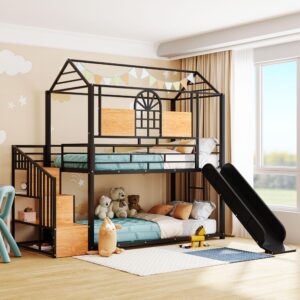 merax twin over twin metal bunk bed, metal house bed with slide and storage stair, black bed frame with black slide