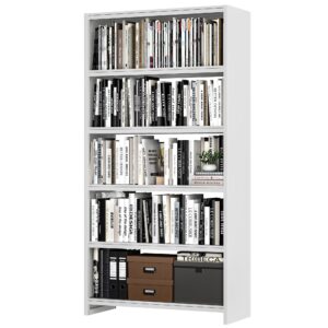 zonleson bookshelf,5 tier bookshelves,69" tall white bookcase shelf storage organizer,free standing storage shelving unit for home office,library white bookshelf metal bookcase