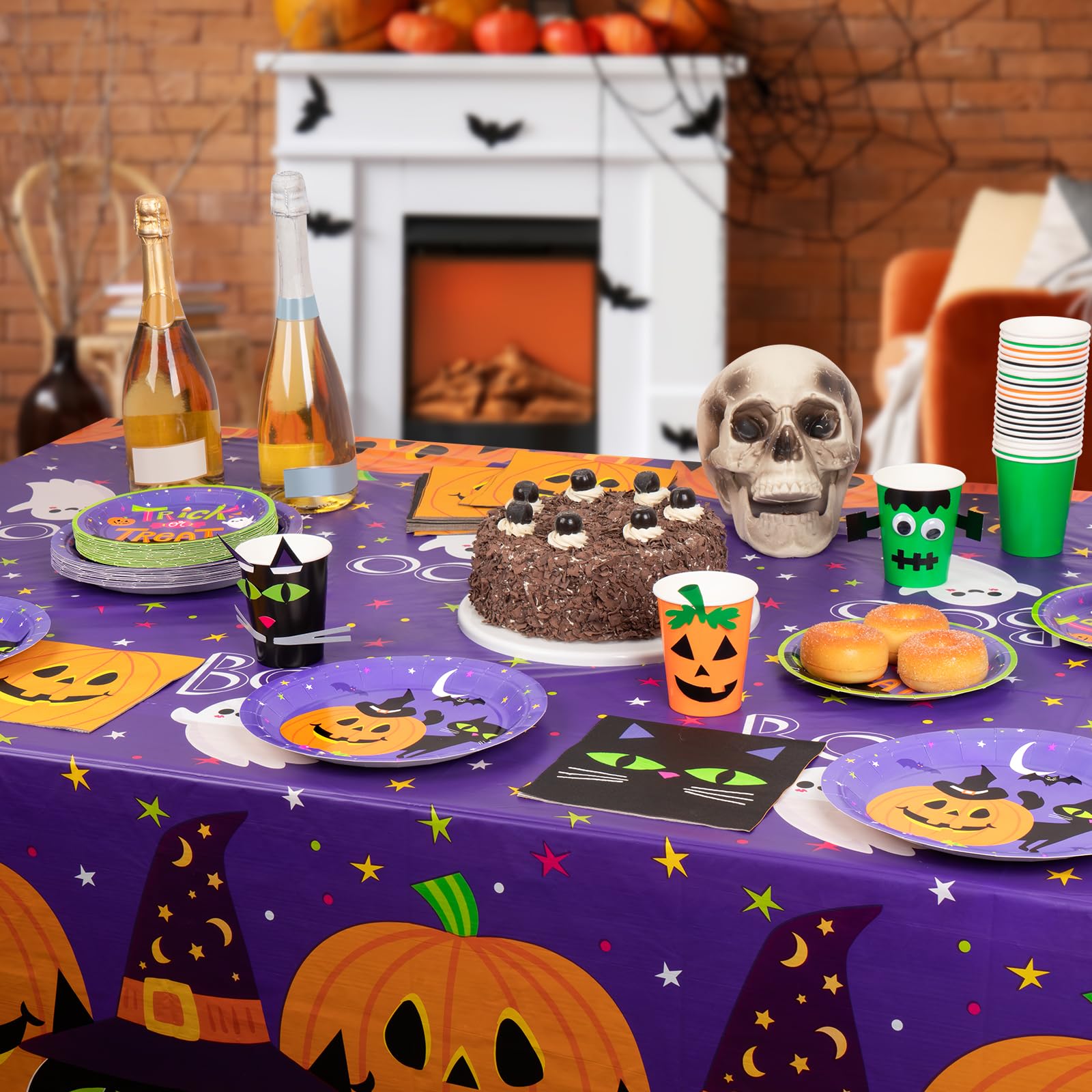 DECORLIFE 131 Pcs Halloween Party Supplies, Dinnerware Set Includes Halloween Plates and Napkins Tablecloth Cups DIY Stickers - Pumpkin Ghost Halloween Birthday Party Decorations for Kids, Serve 24