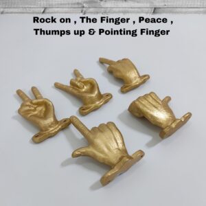 AYZCORP Set of 5 Hand Gesture Decorative Wall Hooks, 4 Inches High-Peace Sign-Rock On-Fun Finger-Thumbs up & Pointing Finger Gestures. Unique Stylish Key or Towel Hangers (Gold)