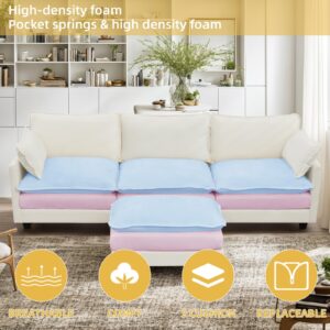 Modern Cloud Couch,Deep Seats L-Shaped Chenille Sofa Sleeper with Ottoman,3-Seat Modular Sectional Couch,Comfy Home Couch for Living Room, Apartments,Studio Lounge Sofas Furniture (White, 113"3 Seat)