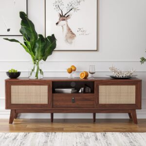 boho natural rattan tv stand 70 inch for living room, mid century modern tv stand with storage & detachable drawers,farmhouse media console entertainment center with hand made rattan doors