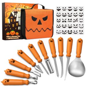 imarku halloween pumpkin carving kit, 10 pcs professional carving knife with unique storage bag and 25 pcs pumpkin carving stencils, stainless carving tools for halloween decorations, home essentials