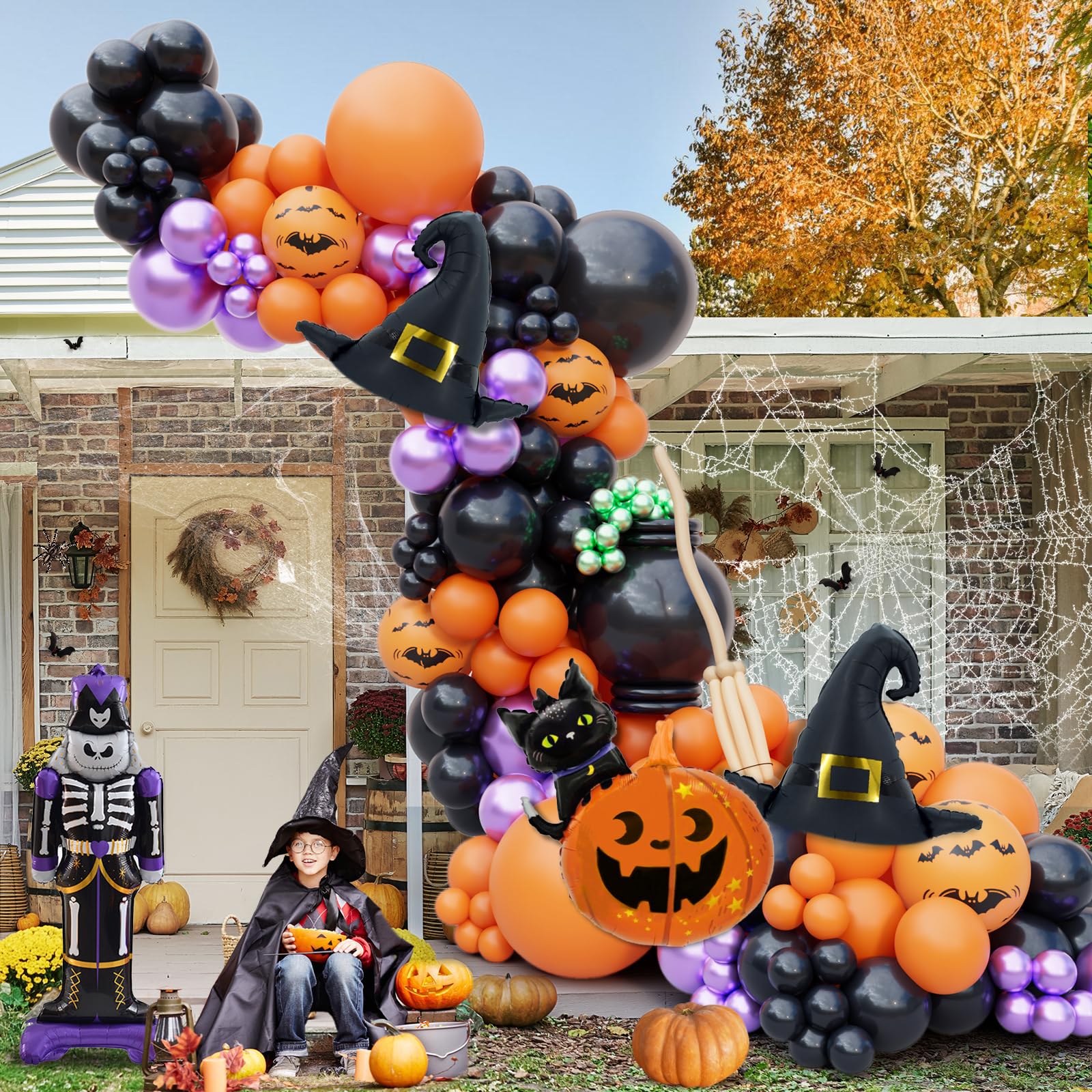 Wecepar 158pcs Halloween Balloon Garland Arch Kit Black Orange Purple Green Balloon with Skeleton Guard Cat Pumpkin Witch Hat Shaped Foil Balloons for Halloween Theme Party Supplies Decorations