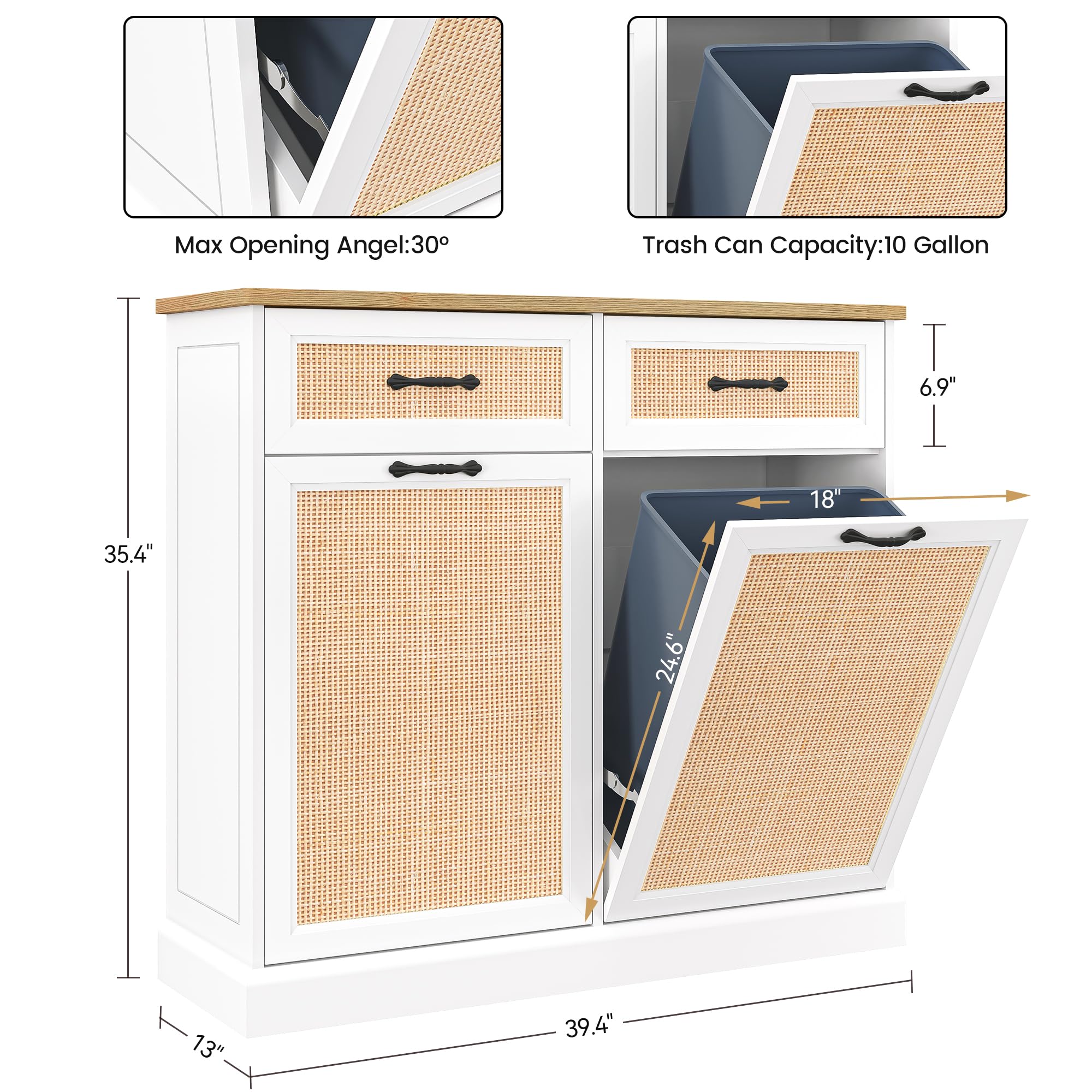 CABIHOME Rattan Double Tilt Out Trash Cabinet, Freestanding Trash Can Cabinet 20 Gallon Storage, Hidden Pet-Proof Garbage Can Cabinet Laundry Hamper for Kitchen Dining Living Room