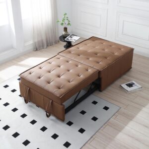 39" Convertible Sofa Bed Chair Ottoman Sleeper Chair Lounge Fold-Out Bed Compact Sleeper Space-Saving Ottoman Bed Modern Tufted Armless for Living Room Office Bedroom Brown PU Leather