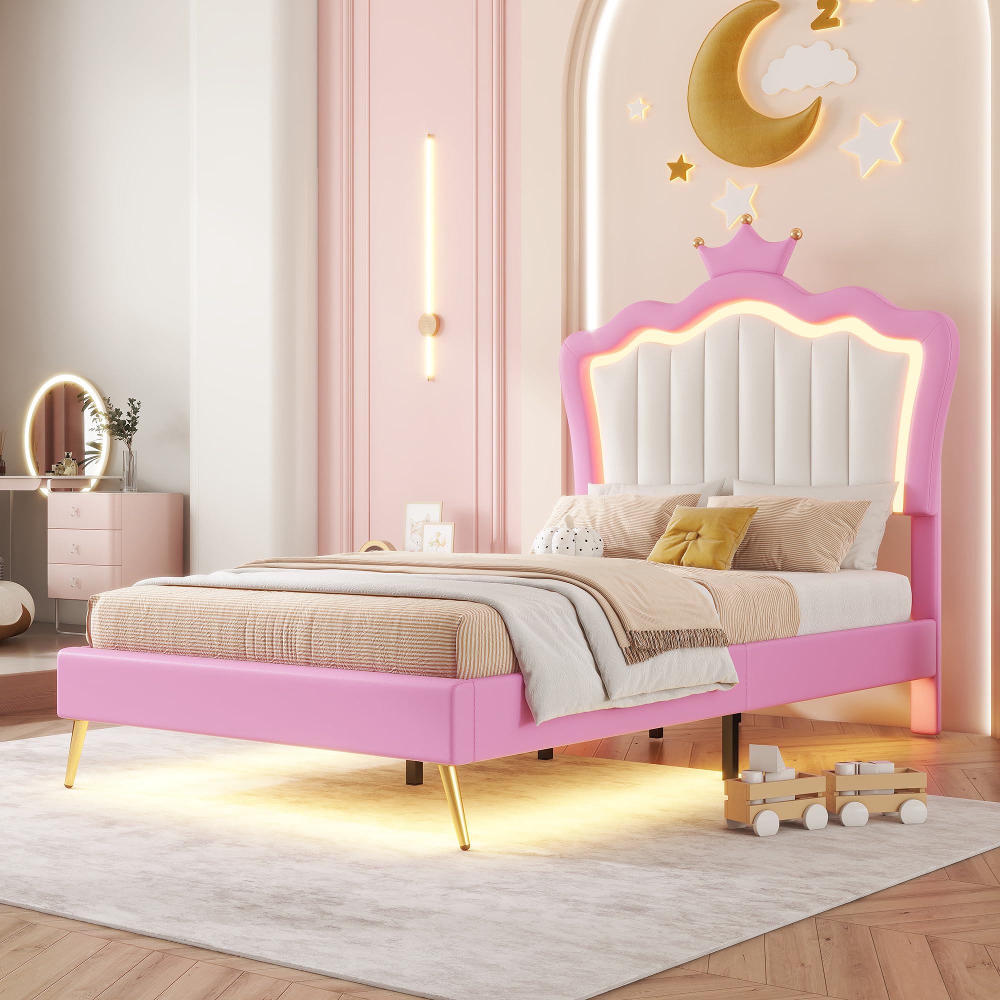 Linique Twin Size Upholstered Bed Frame with LED Lights, Modern Upholstered Princess Bed with Crown Headboard, Pink+White