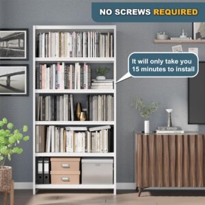 ZONLESON Bookshelf,5 Tier Bookshelves,69" Tall White Bookcase Shelf Storage Organizer,Free Standing Storage Shelving Unit for Home Office,Library White Bookshelf Metal Bookcase