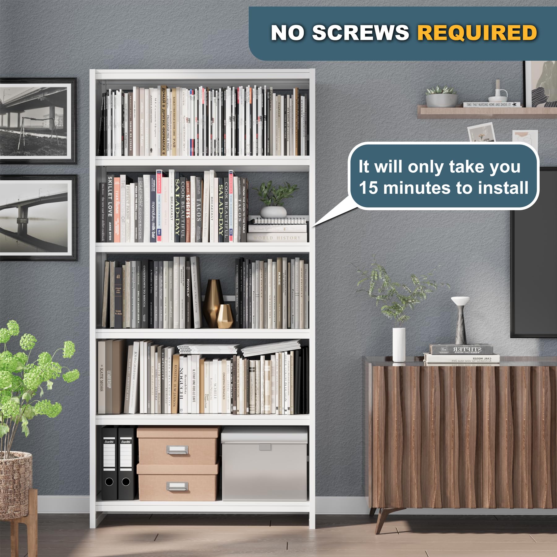 ZONLESON Bookshelf,5 Tier Bookshelves,69" Tall White Bookcase Shelf Storage Organizer,Free Standing Storage Shelving Unit for Home Office,Library White Bookshelf Metal Bookcase