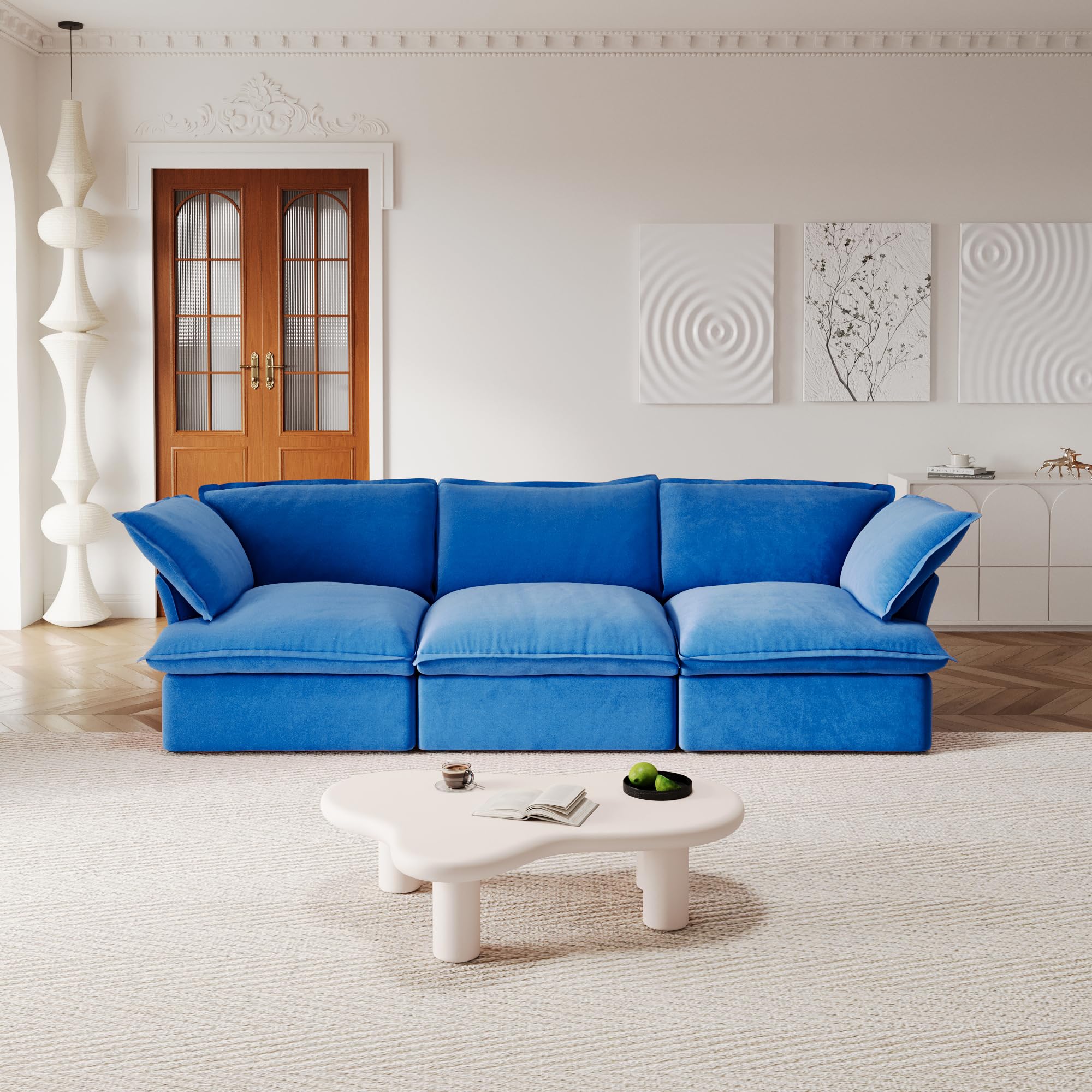 Sdorens Modular Sectional Sofa Couch, 122.82" Velvet 3 Seater Sofa, Minimalist Style Comfy Blue Sofa Couch for Living Room Apartment, Blue