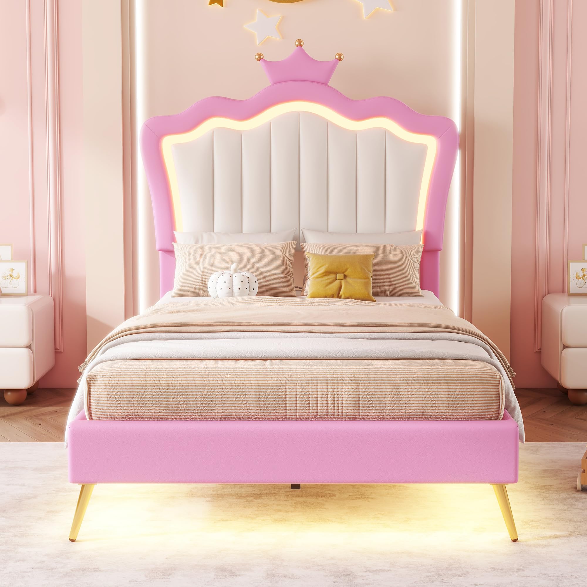 Linique Twin Size Upholstered Bed Frame with LED Lights, Modern Upholstered Princess Bed with Crown Headboard, Pink+White