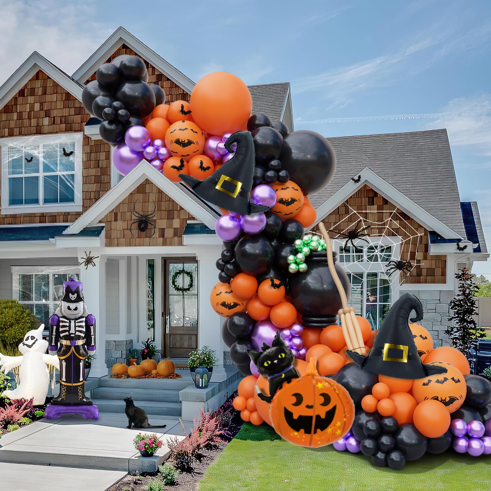 Wecepar 158pcs Halloween Balloon Garland Arch Kit Black Orange Purple Green Balloon with Skeleton Guard Cat Pumpkin Witch Hat Shaped Foil Balloons for Halloween Theme Party Supplies Decorations