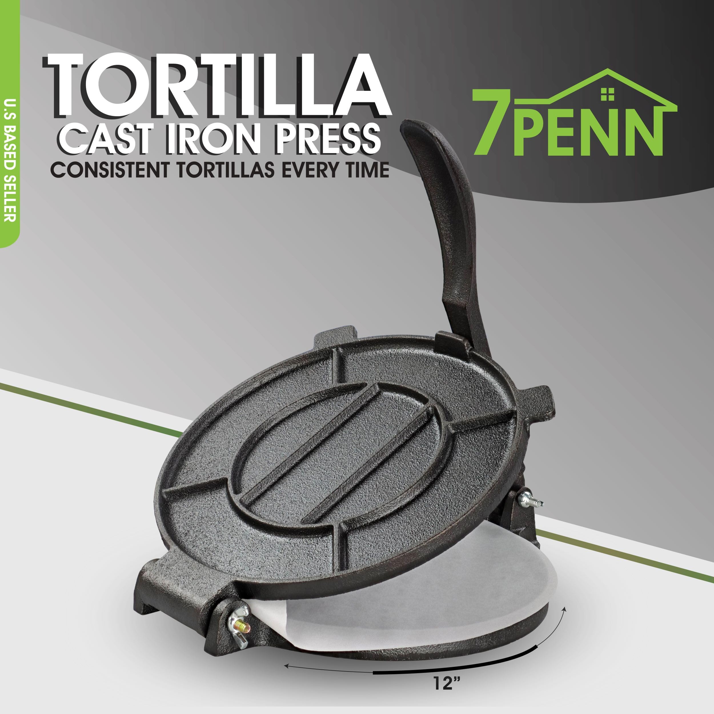 7Penn Tortilla Press 12 inch - Cast Iron Manual Roti Maker Dough Press for Corn Tortillas, Tamales, Chapati, Naan Bread, Pizza Dough with 50 Parchment Paper Sheets