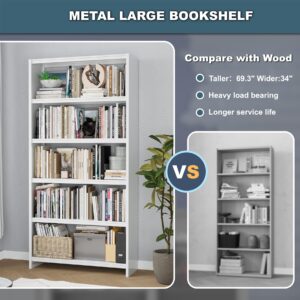 ZONLESON Bookshelf,5 Tier Bookshelves,69" Tall White Bookcase Shelf Storage Organizer,Free Standing Storage Shelving Unit for Home Office,Library White Bookshelf Metal Bookcase