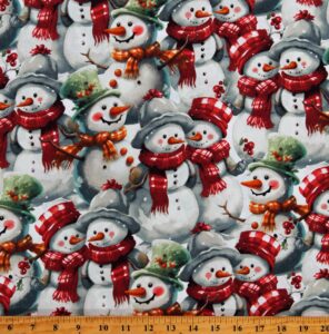 cotton snowmen snowman christmas winter holidays making spirits bright white cotton fabric print by the yard (2289-88)