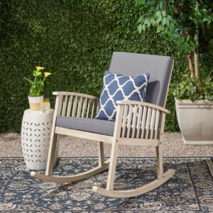 Merax Outdoor Rocking Chair, Acacia Wood Ready Lazy Sofa Seating with Cushion for Patio, Front Porch, Balcony, Indoor, Grey