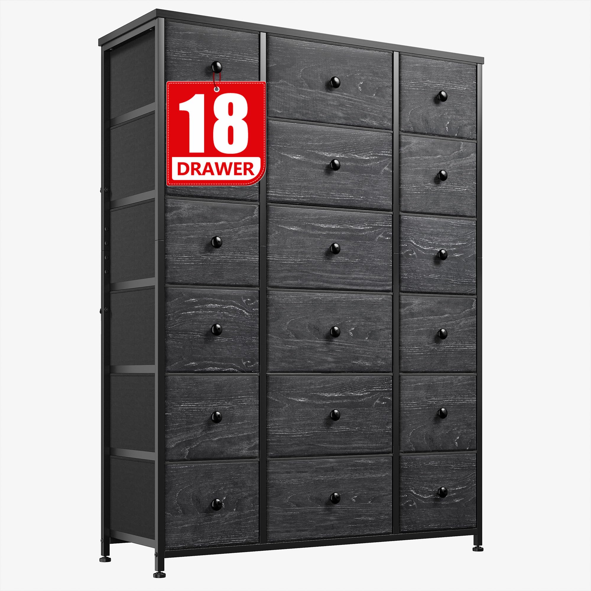 EnHomee Tall Dresser,Dressers for Bedroom with 18 Drawers,Dressers & Chests of Drawers Fabric Dresser with Wooden Top & Metal Frame,Living Room,Closet,Hallway, Black Wood Grain,57.7" H*37.8" W*12" D