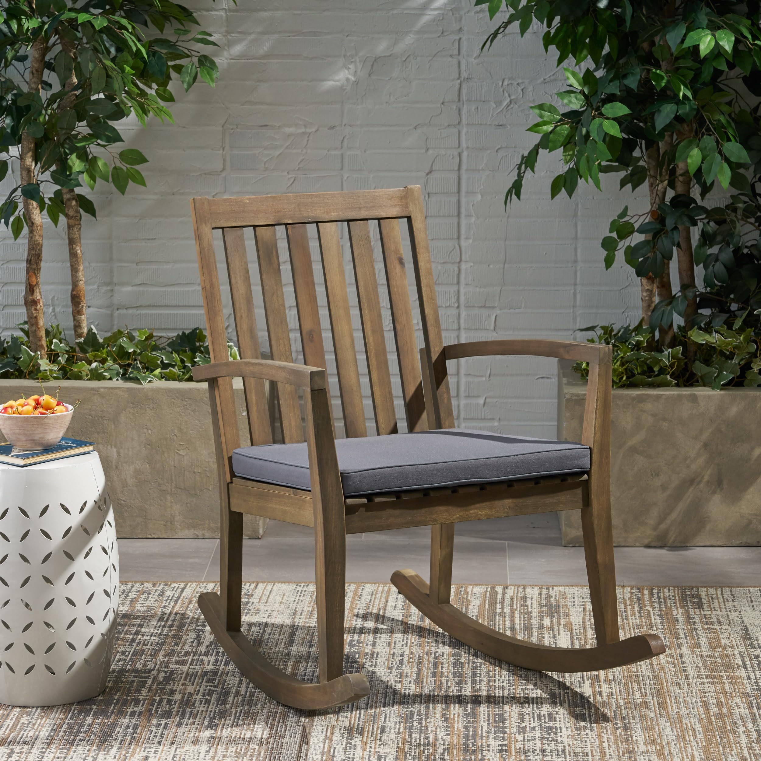 Merax Outdoor Acacia Wood Rocking Chair with Water-Resistant Cushion for Patio,Garden,Porch, Dark Grey