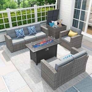 joivi 8 pieces patio furniture set with fire pit table, outdoor patio conversation set, pe wicker sectional sofa set with storage box for garden, poolside, backyard, 3 blue pillows included, grey