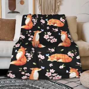 fox blanket cherry blossom blanket cozy soft lightweight flannel throw fox cherry blossom decor gifts for girls 50"x60"